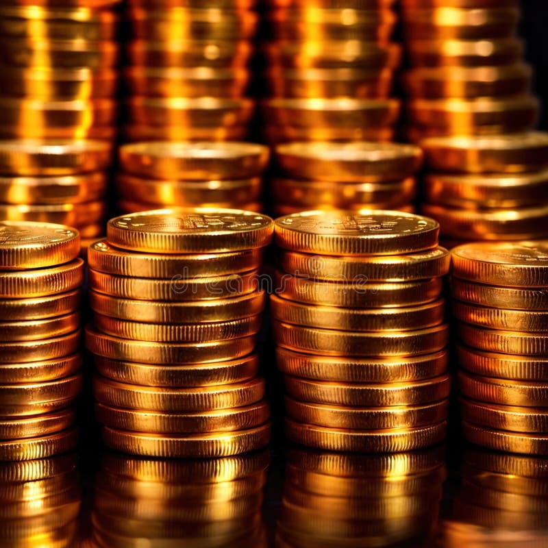 Gold Coins are Stacked in Rows on a Reflective Surface. Stock ...