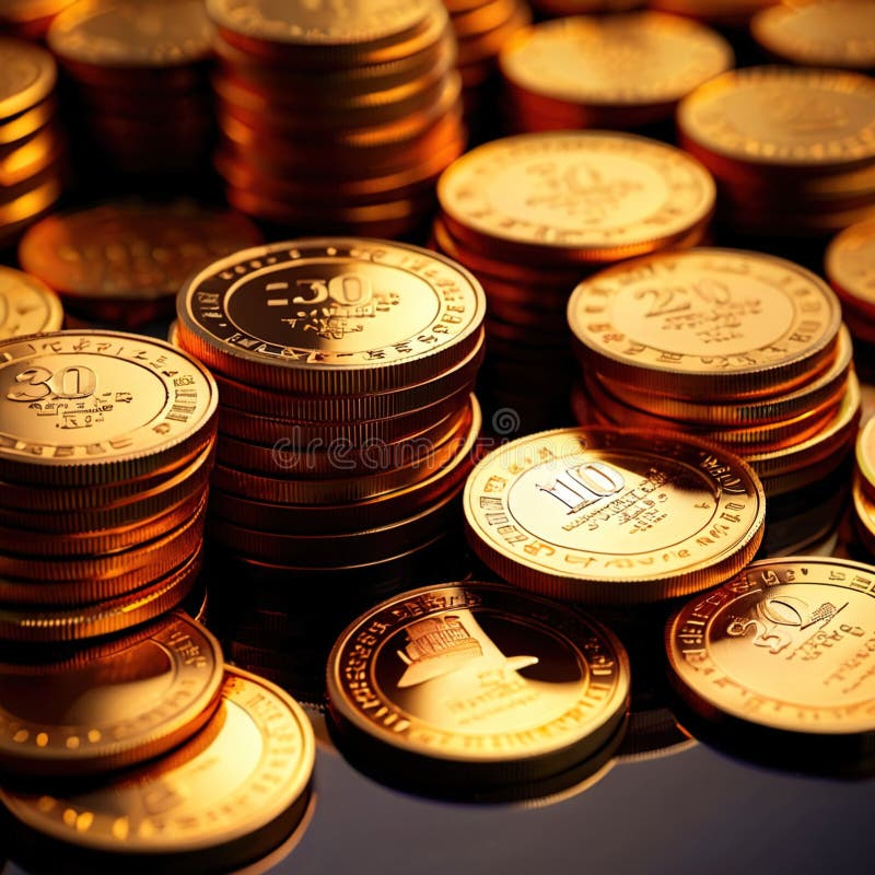 Gold Coins are Stacked in Rows on a Reflective Surface. Stock ...