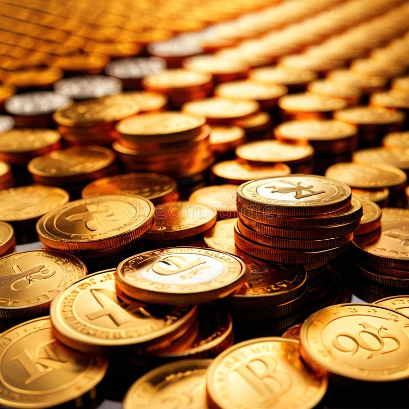 Gold Coins are Stacked in Rows on a Reflective Surface. Stock ...