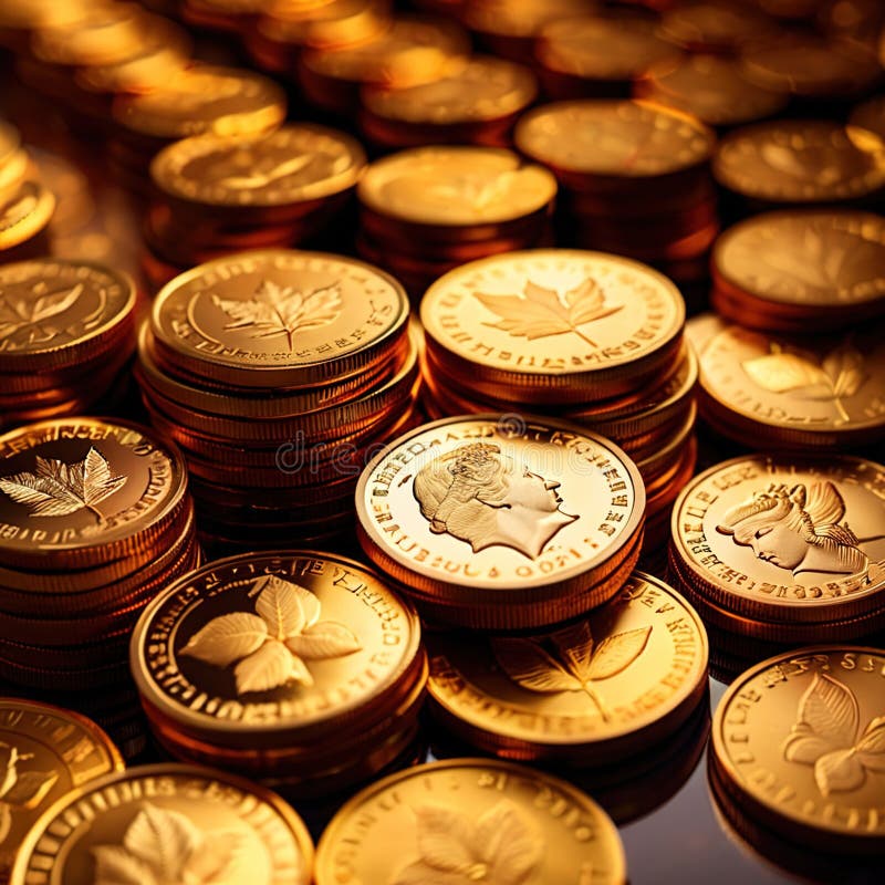 Gold Coins are Stacked in Rows on a Reflective Surface. Stock ...