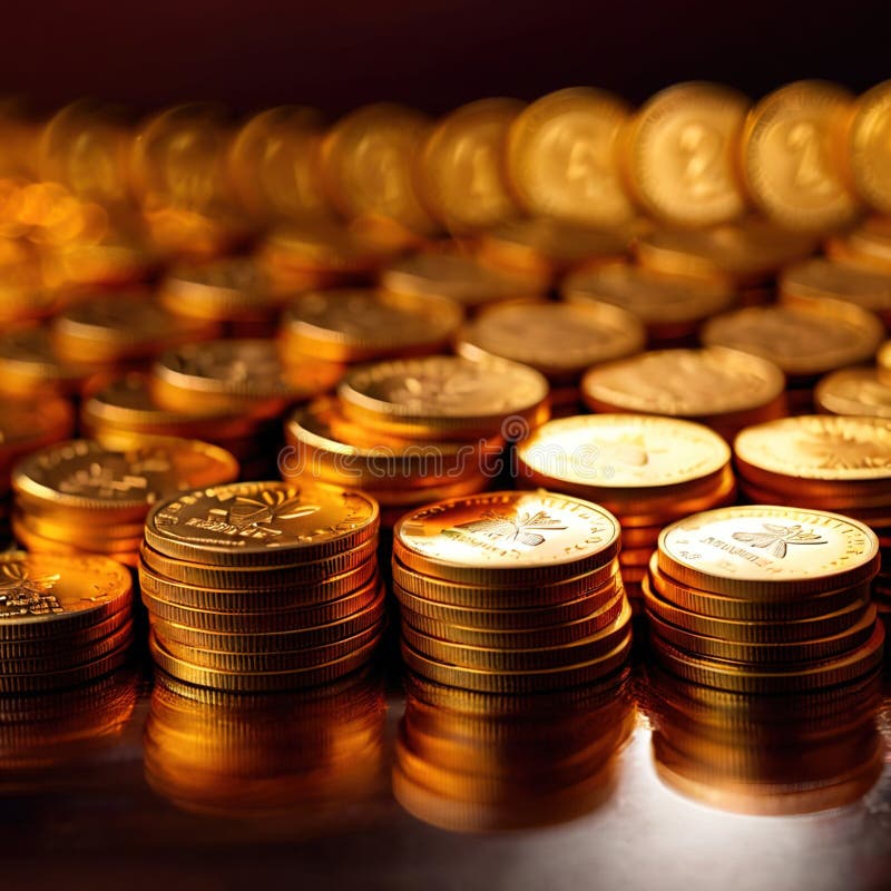 Gold Coins are Stacked in Rows on a Reflective Surface. Stock ...