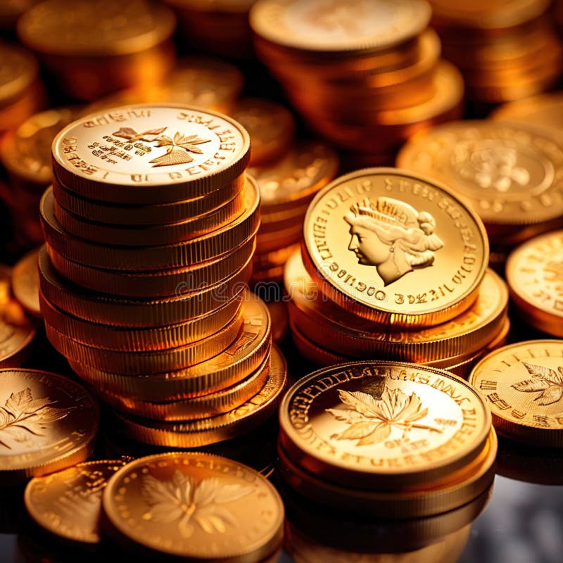 Gold Coins are Stacked in Rows on a Reflective Surface. Stock ...