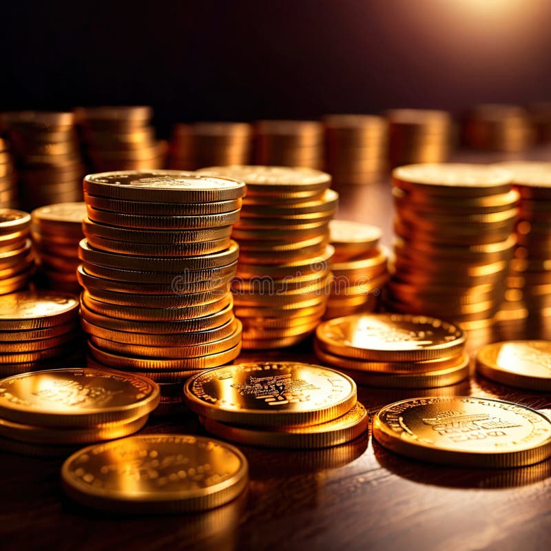 Gold Coins are Stacked in Rows on a Reflective Surface. Stock ...