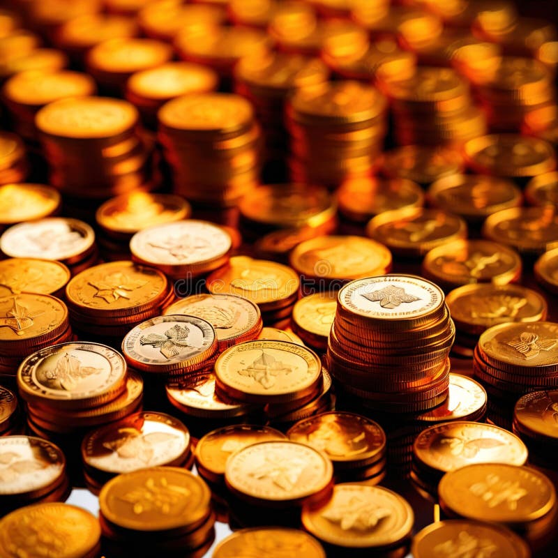 Gold Coins are Stacked in Rows on a Reflective Surface. Stock ...