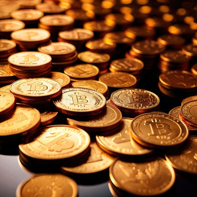 Gold Coins are Stacked in Rows on a Reflective Surface. Stock ...