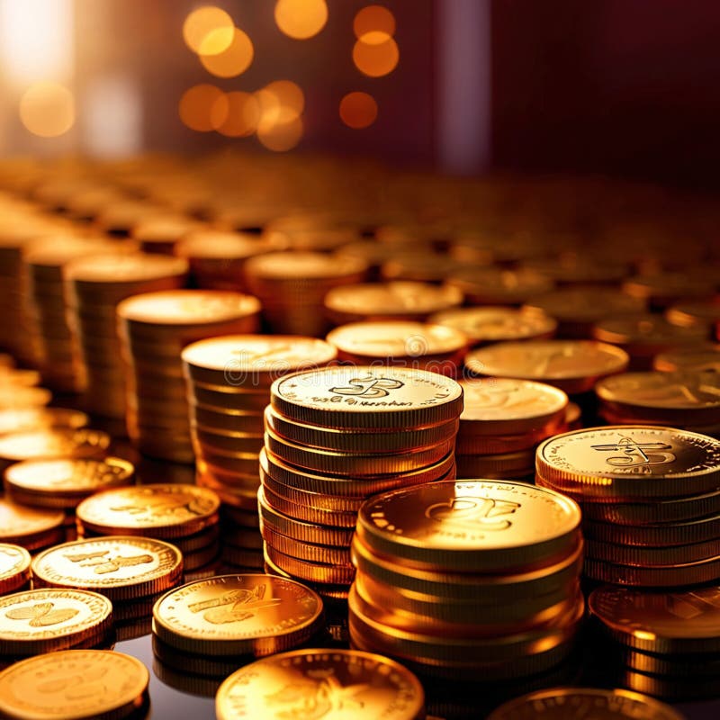 Gold Coins are Stacked in Rows on a Reflective Surface. Stock ...