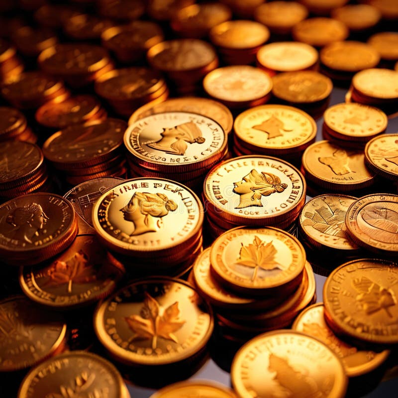 Gold Coins are Stacked in Rows on a Reflective Surface. Stock ...
