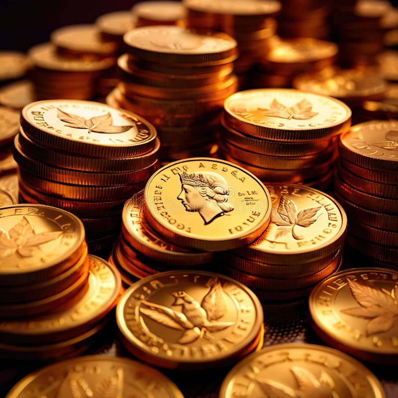 Gold Coins are Stacked in Rows on a Reflective Surface. Stock ...