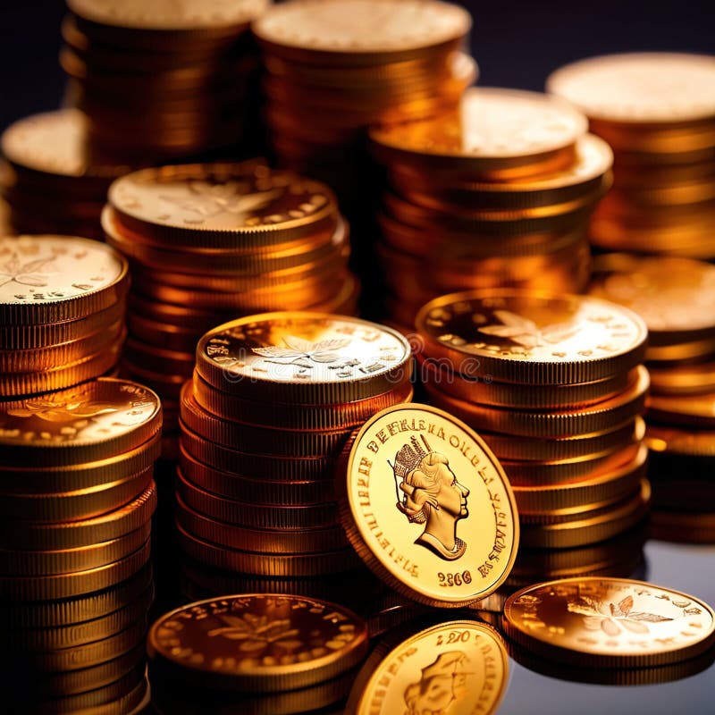 Gold Coins are Stacked in Rows on a Reflective Surface. Stock ...