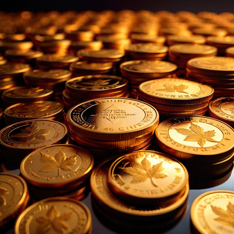 Gold Coins are Stacked in Rows on a Reflective Surface. Stock ...