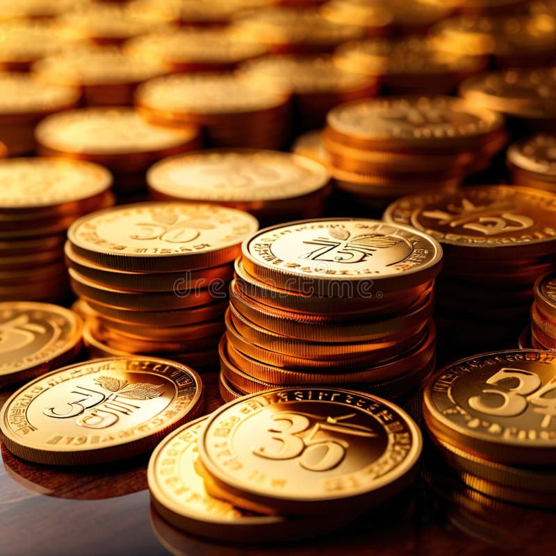Gold Coins are Stacked in Rows on a Reflective Surface. Stock ...