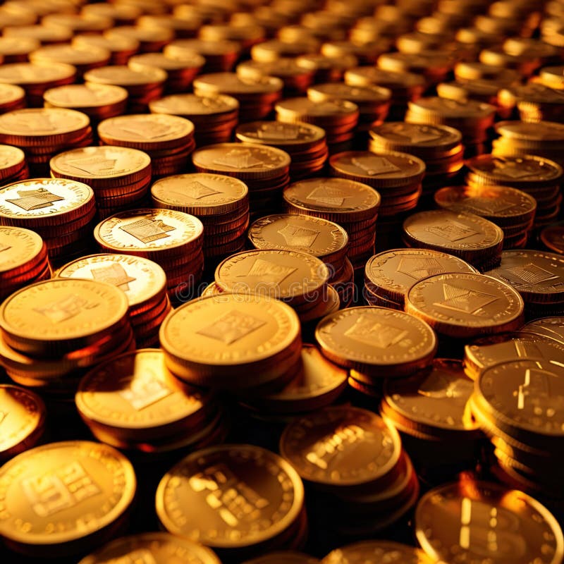 Gold Coins are Stacked in Rows on a Reflective Surface. Stock ...