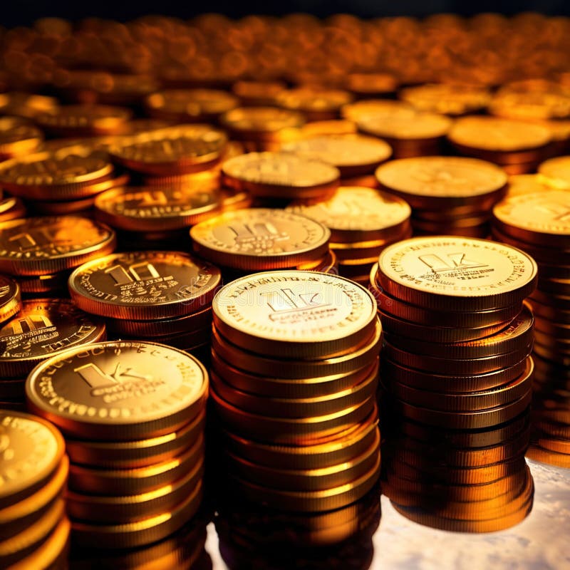 Gold Coins are Stacked in Rows on a Reflective Surface. Stock ...