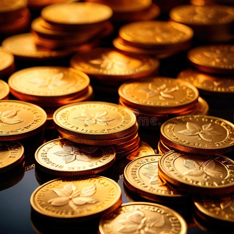 Gold Coins are Stacked in Rows on a Reflective Surface. Stock ...