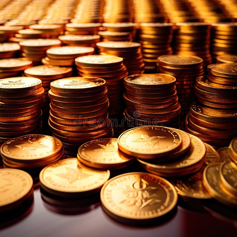 Gold Coins are Stacked in Rows on a Reflective Surface. Stock ...