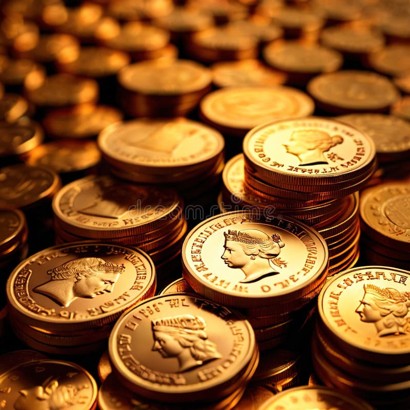 Gold Coins are Stacked in Rows on a Reflective Surface. Stock ...