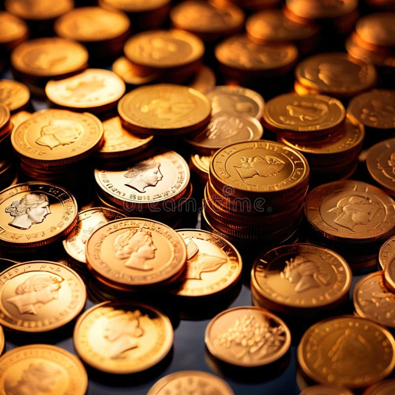 Gold Coins are Stacked in Rows on a Reflective Surface. Stock ...