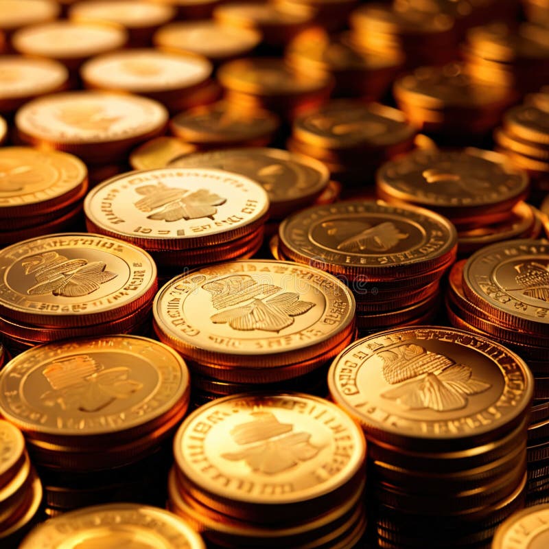 Gold Coins are Stacked in Rows on a Reflective Surface. Stock ...