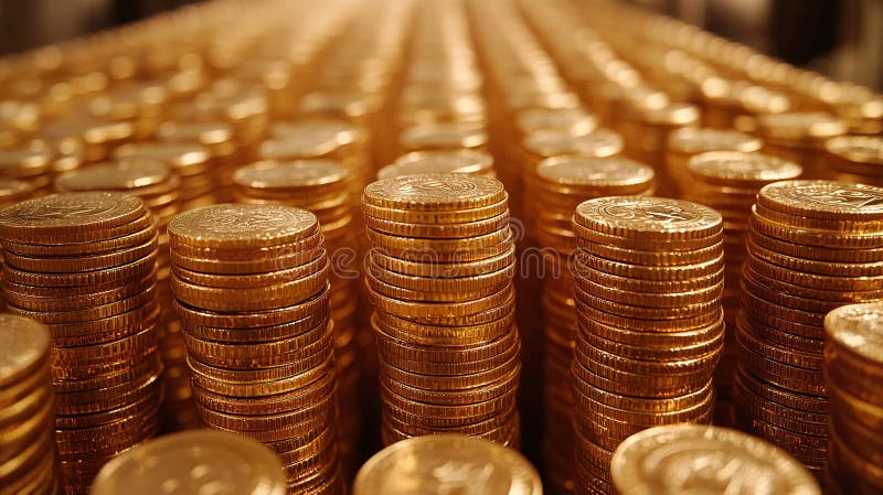 Gold Coins Stacked in Rows, a Visual Representation of Wealth Stock ...