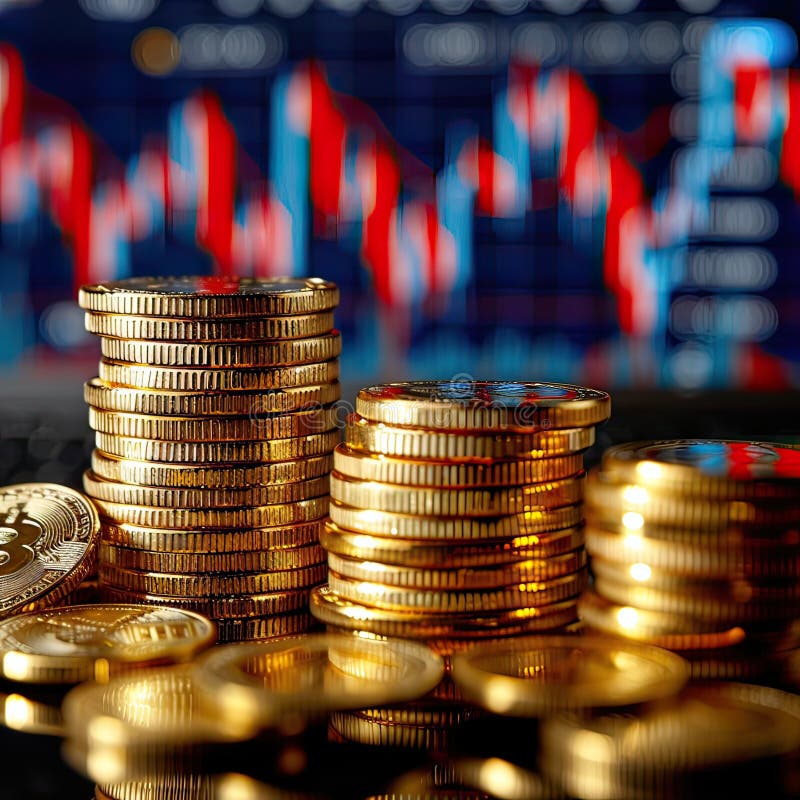 Gold Coins Stacked on a Table in Front of a Stock Chart Stock Image ...