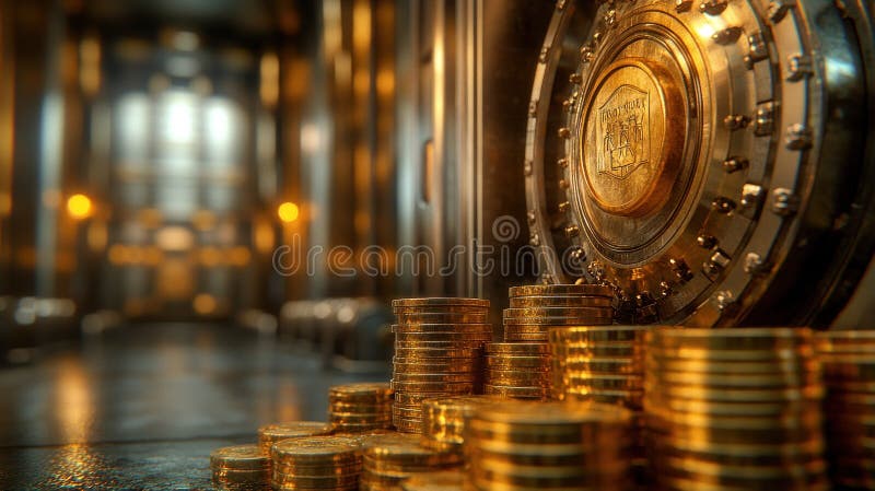 Gold Coins in a Vault, Security and Wealth Stock Illustration ...