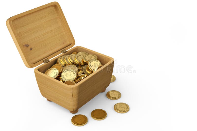 Gold Coins on Wood Box.3D Illustration. Stock Illustration ...