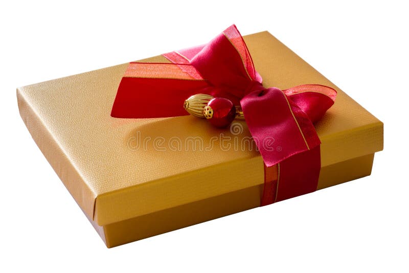 Gold Color Box with Red Ribbon in Bow Stock Image - Image of background ...