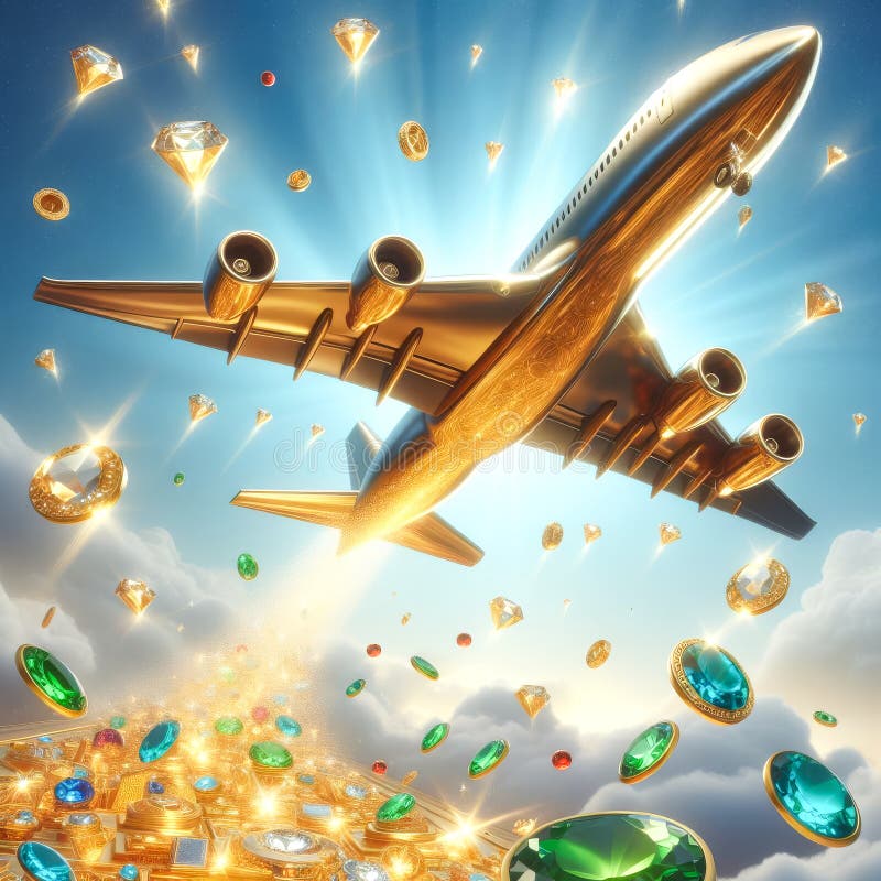 Gold Colored Airplane is Flying through a Cloud of Diamonds Stock Photo ...