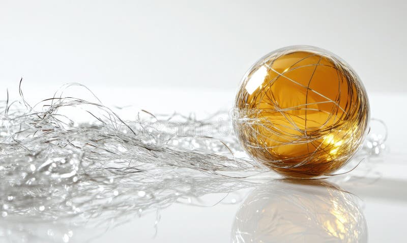 A Gold Colored Ball with Silver Strings is on a White Surface Stock ...
