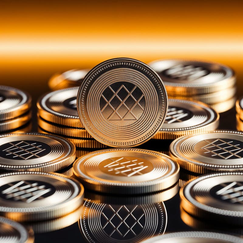 Gold Colored Coins with Geometric Patterns on Reflective Surface Stock ...