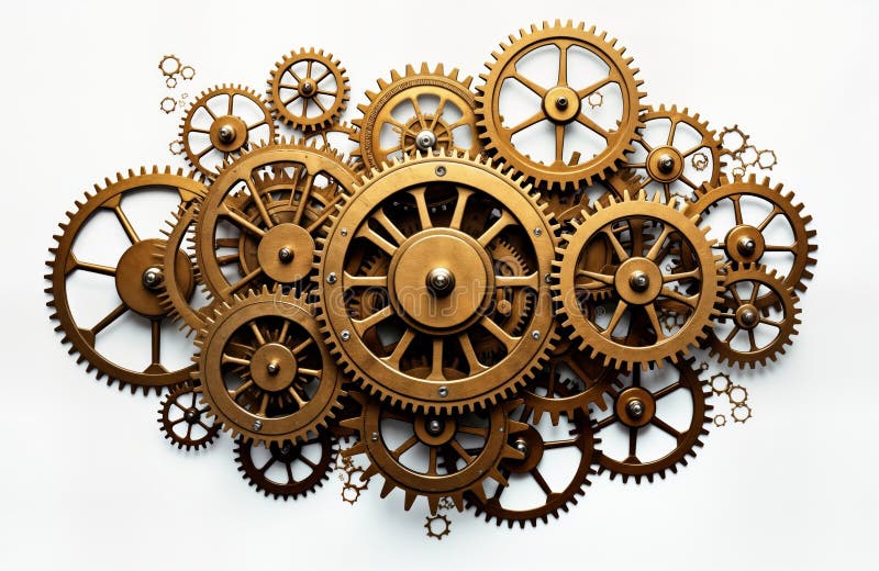 Gold-colored Gears, Cogs Interlock Intricately on White Background ...