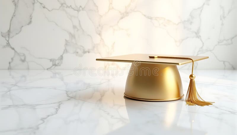 A Gold-colored Graduation Cap Placed on an Elegant White Marble Surface ...