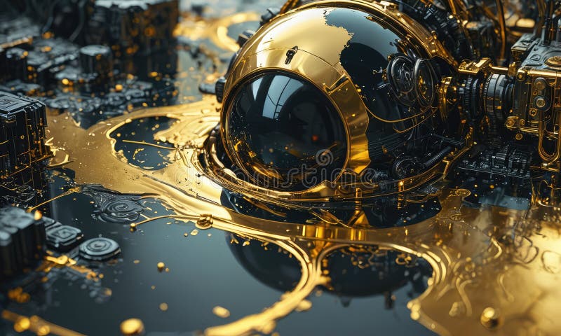 A Gold Colored Object is Sitting in a Pool of Black Liquid. Stock ...