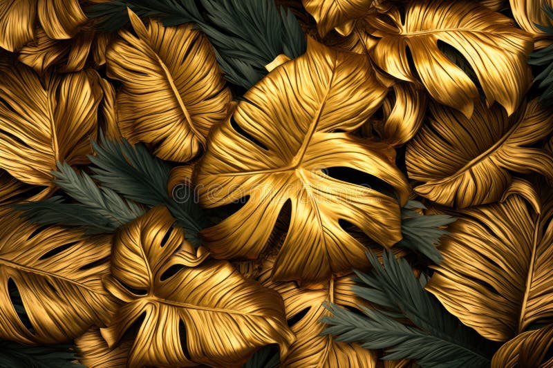 Gold Colored Tropical Leaves on Black Background Stock Illustration ...
