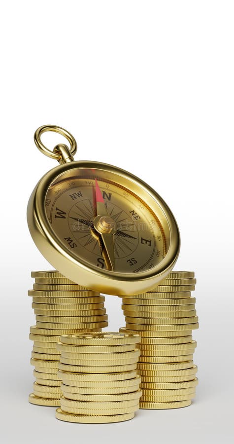 Gold Compass and Coin on White Backgroun.3D Illustration Stock ...
