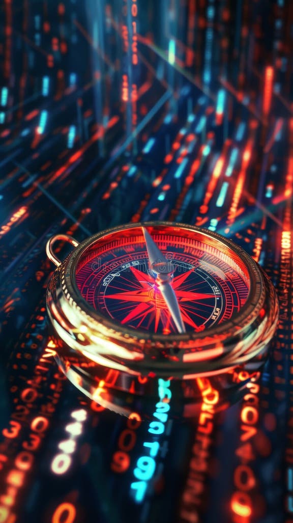 Gold Compass on Digital Terrain with Binary Code Streams Stock Photo - Image of scifi ...