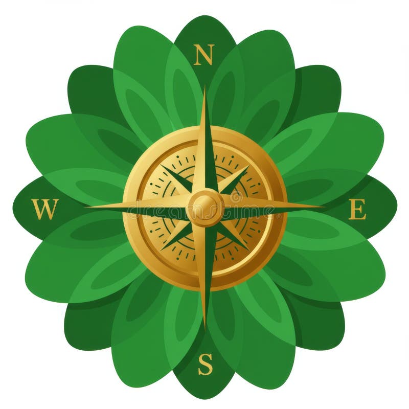 Gold Compass in Green Floral Design Stock Illustration - Illustration ...