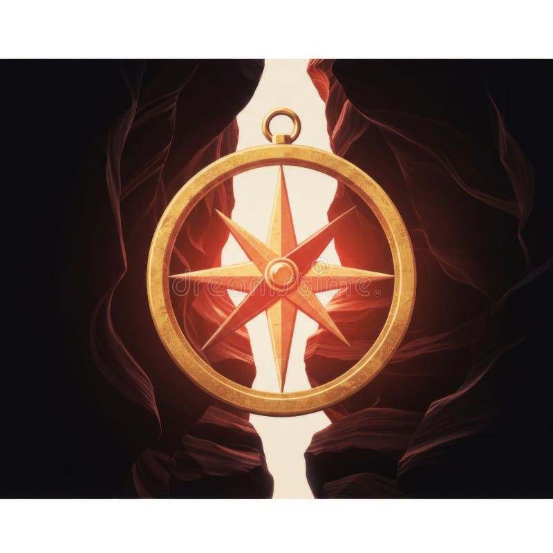 Gold Compass Guiding through Dark Canyon Pass with Glowing Light at the End Stock Illustration ...