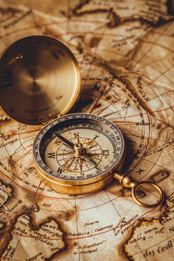 Gold Compass on Map stock image. Image of hunt, direction - 376655613