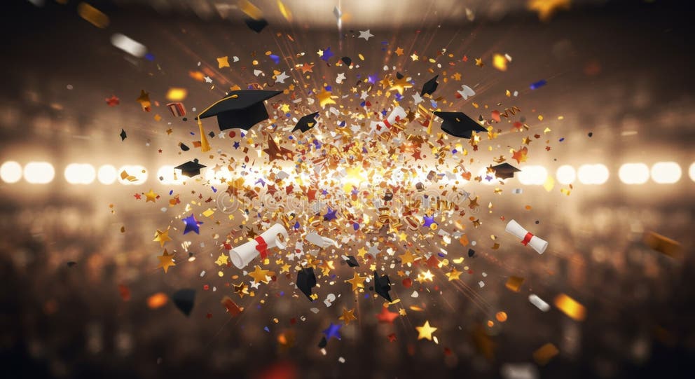Gold Confetti and Graduation Caps Explode on Stage Stock Illustration ...