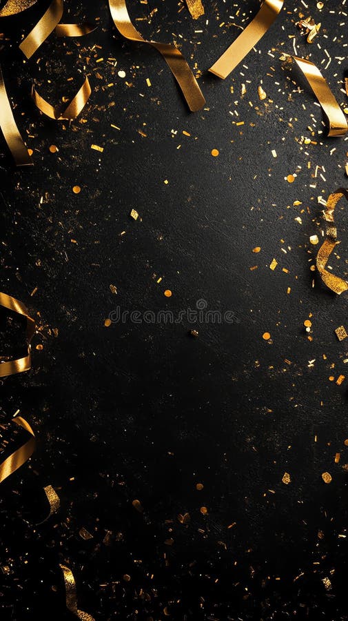 Gold Confetti and Ribbons on Black Background Stock Image - Image of ...