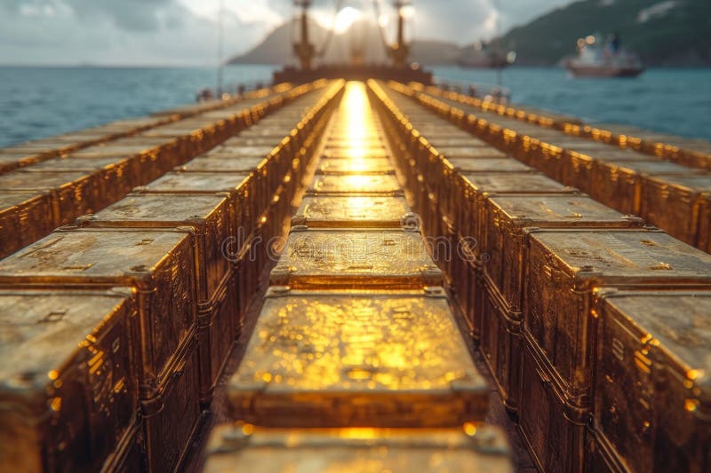 Gold Containers with Cargo on a Container Ship in the Ocean Stock Image ...