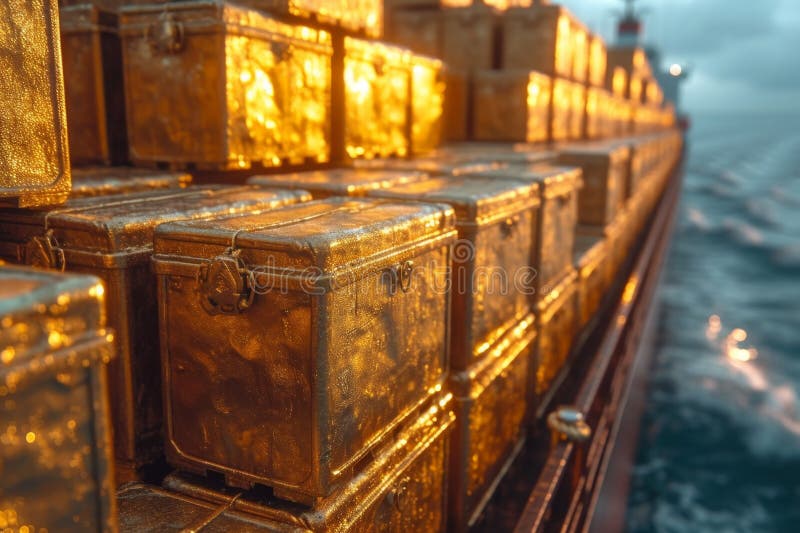 Gold Containers with Cargo on a Container Ship in the Ocean Stock Image ...