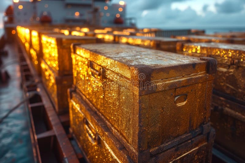 Gold Containers with Cargo on a Container Ship in the Ocean Stock Image ...