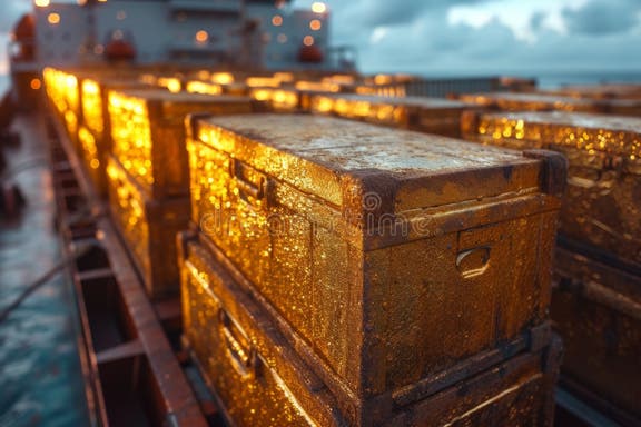 Gold Containers with Cargo on a Container Ship in the Ocean Stock Image ...
