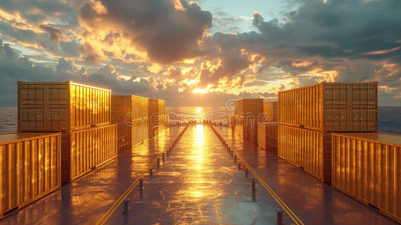 Gold Containers with Cargo on a Container Ship in the Ocean Stock Photo ...