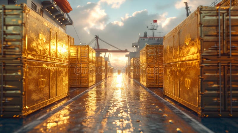 Gold Containers with Cargo on a Container Ship in the Ocean Stock Image ...