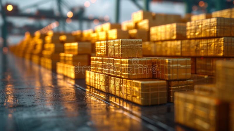 Gold Containers with Cargo on a Container Ship in the Ocean Stock Image ...