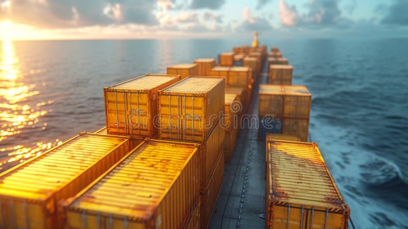 Gold Containers with Cargo on a Container Ship in the Ocean Stock Image ...