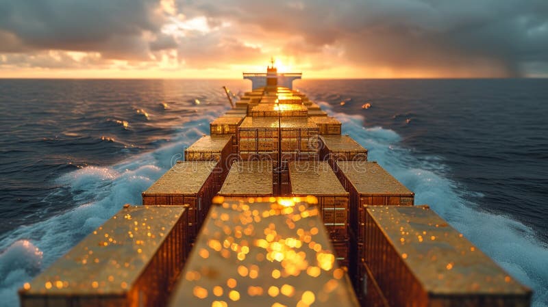 Gold Containers with Cargo on a Container Ship in the Ocean Stock Photo ...